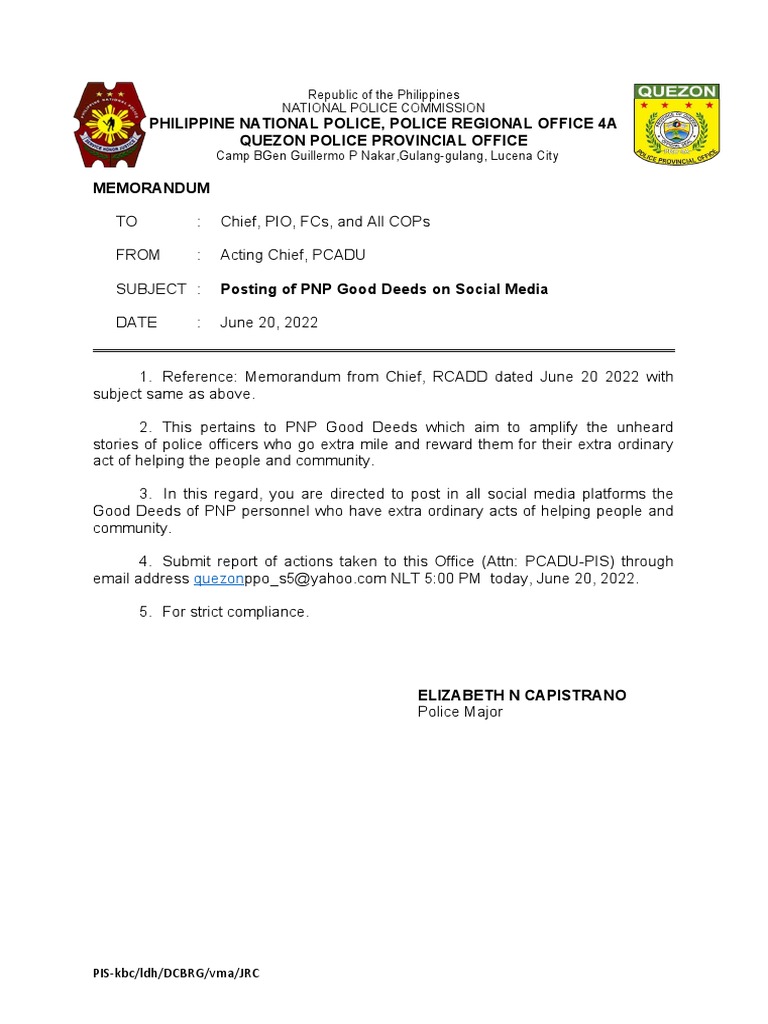 Posting of PNP Good Deeds On Social Media | PDF