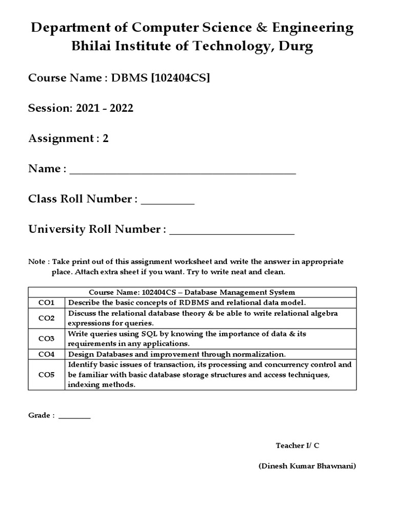 Database Management System Assignment on Relational Algebra, Normalization, and SQL Queries ...