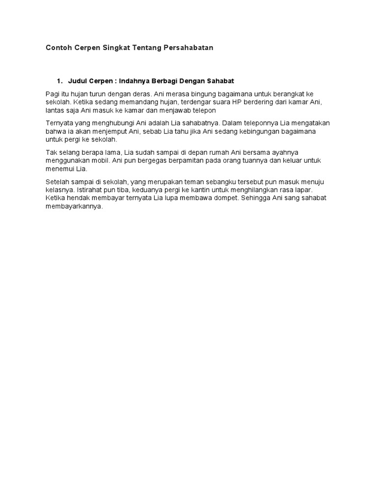 Contoh Cerpen Singkat Tentang Persahabatan | PDF