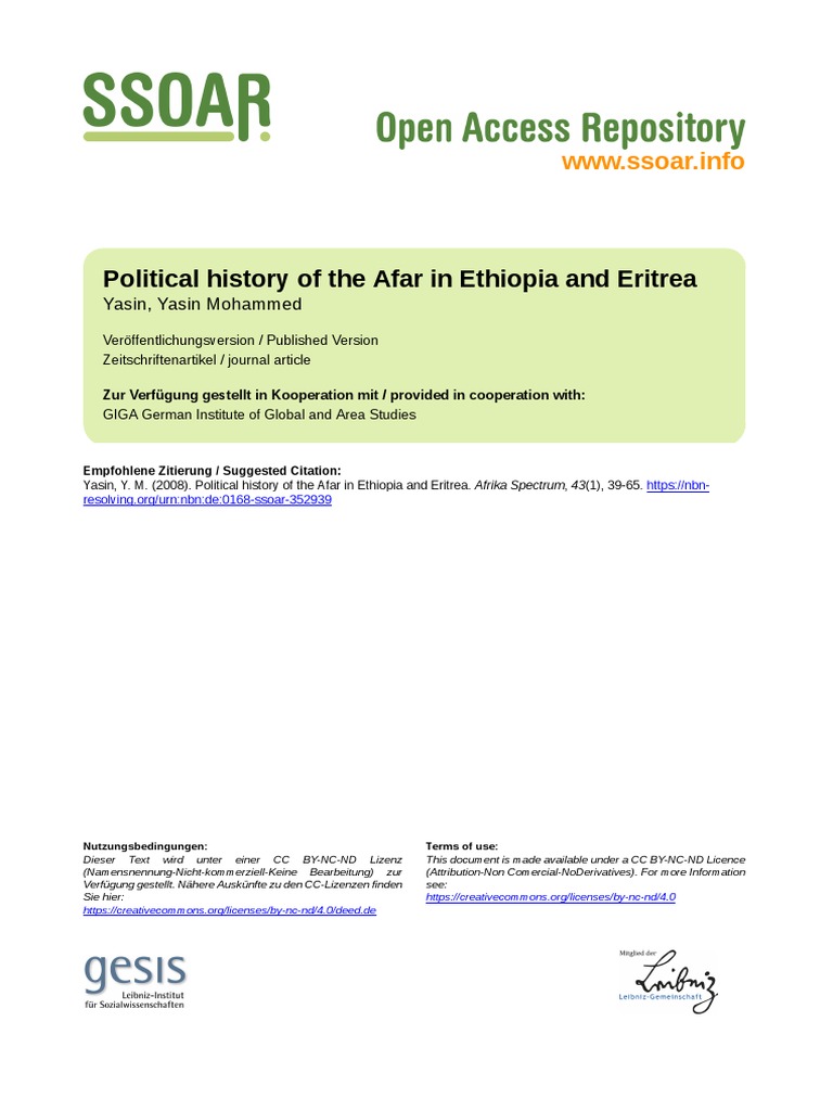 Political History of The Afar in Ethiopia and Eritrea: WWW - Ssoar.info ...