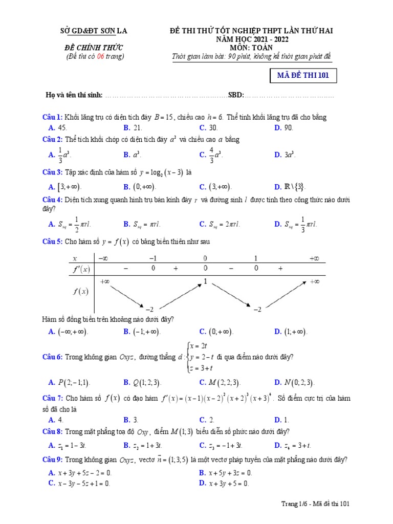 De Thi Thu Tot Nghiep THPT 2022 Mon Toan Lan 2 So GDDT Son La | PDF