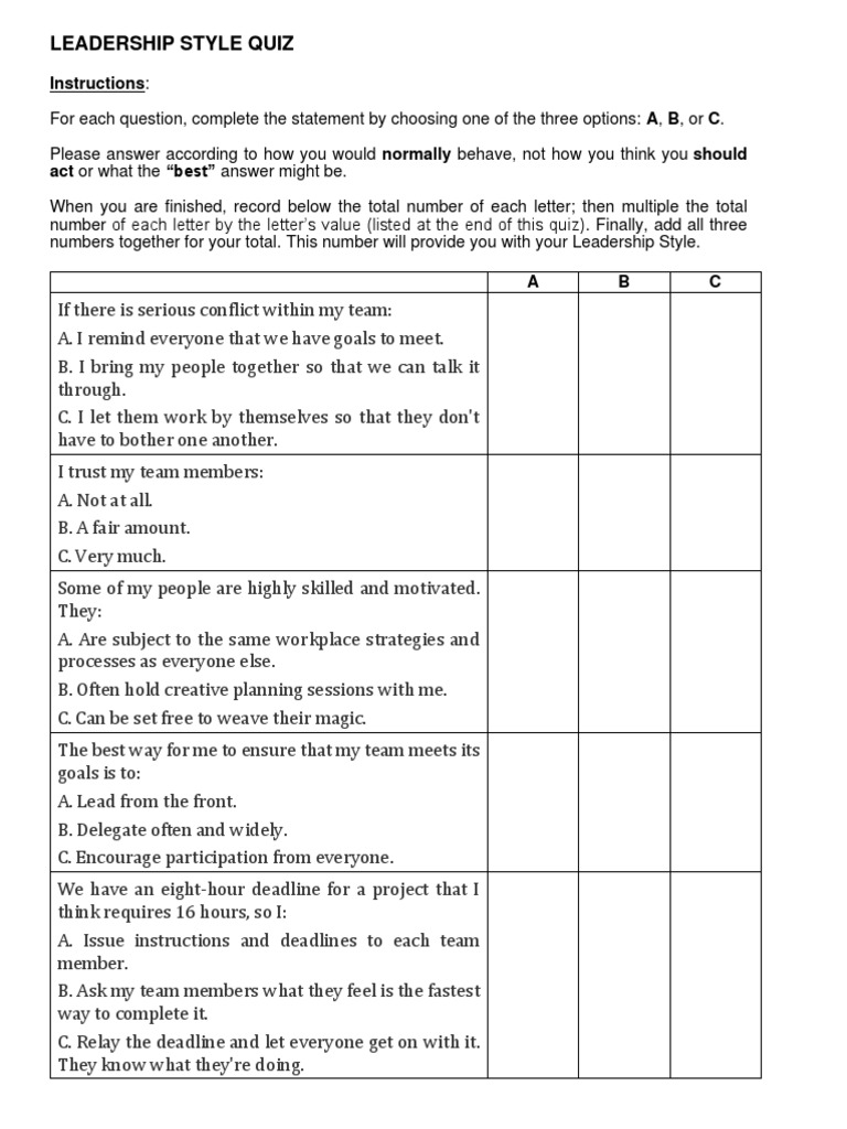 Leadership Style Quiz: Instructions | PDF | Leadership | Leadership