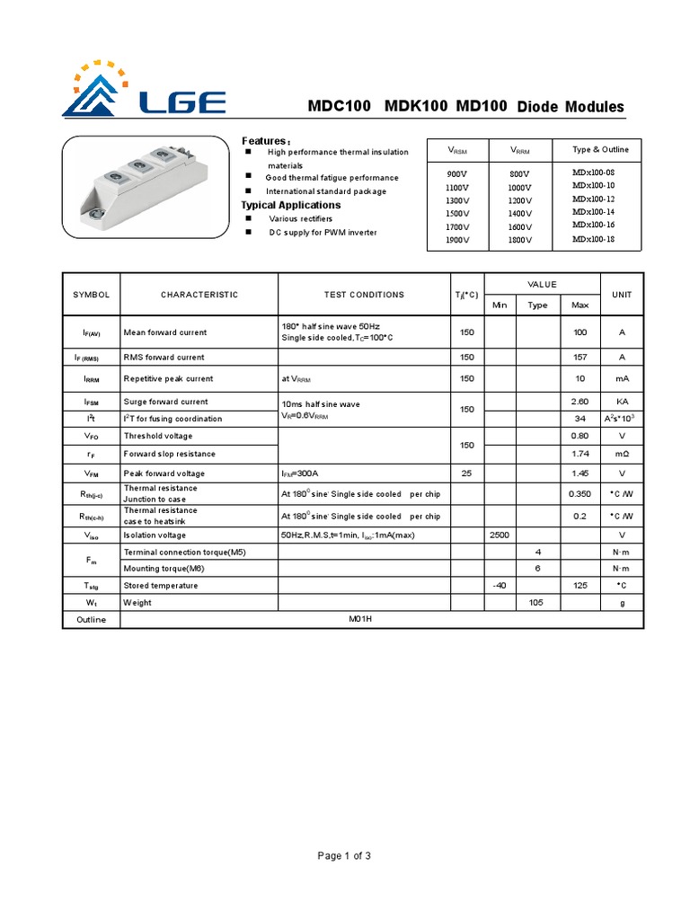 Diode Modules MDC100 MDK100 MD100: Features | PDF | Power Inverter ...