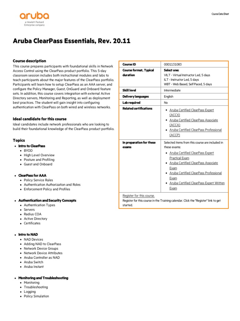 Aruba ClearPass Essentials, Rev. 20.11 | PDF | Radius | Active Directory