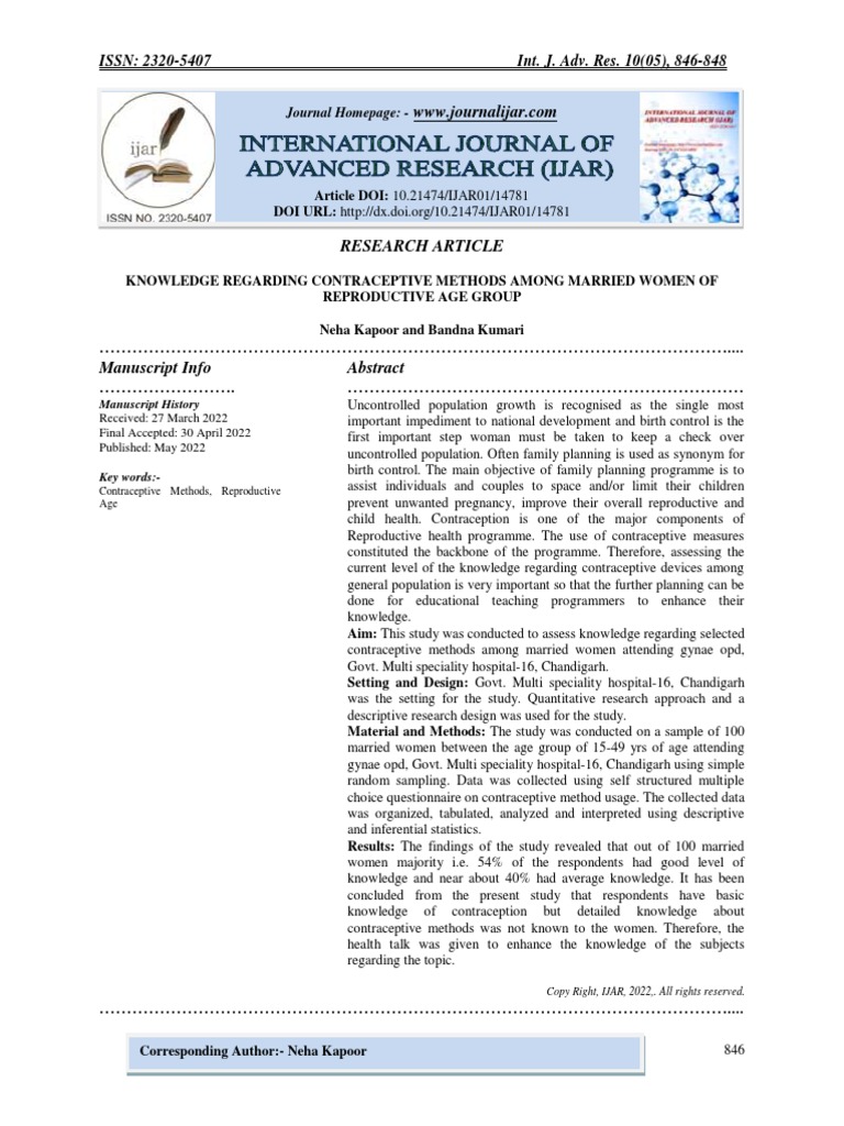 Knowledge of Contraceptive Methods | PDF | Family Planning | Birth Control
