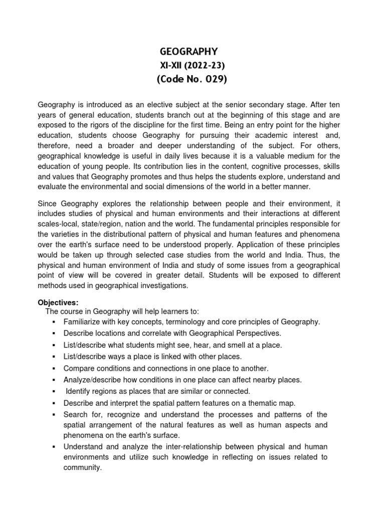 Geography (Code No. 029) : XI-XII (2022-23) | PDF | Geography | Map