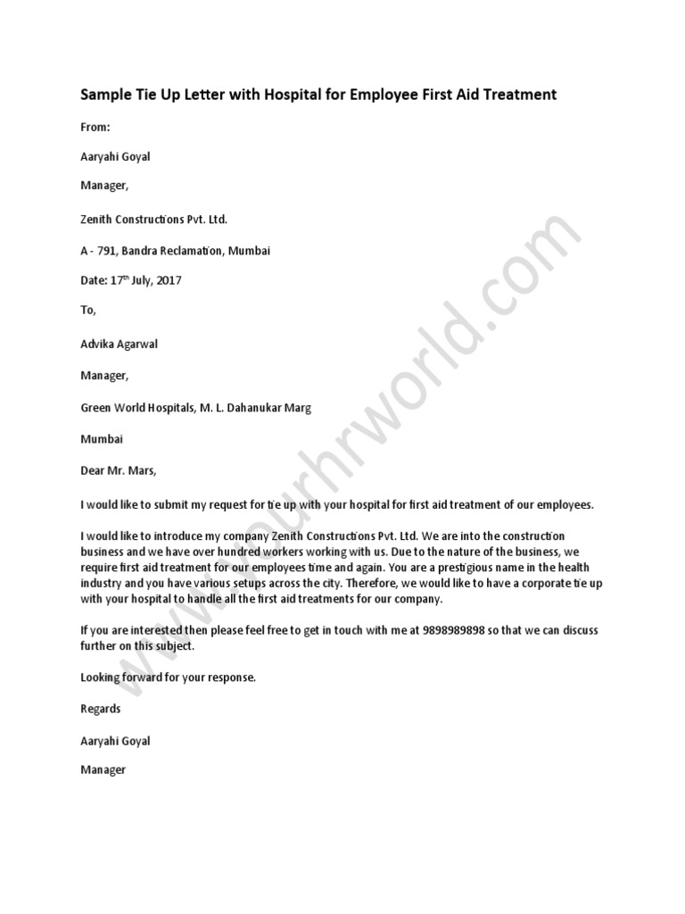Sample Tie Up Letter With Hospital For Employee First Aid Treatment | PDF