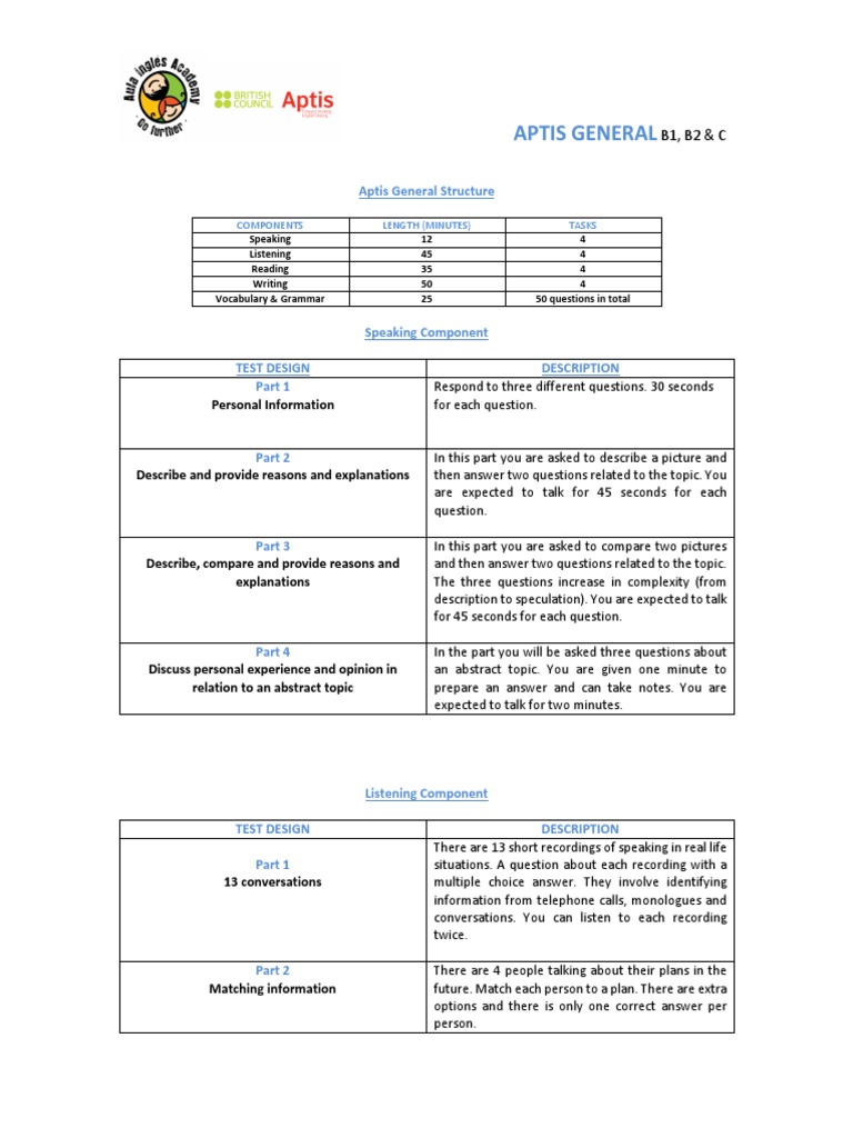 Aptis General Structure | PDF | Reading Comprehension | Communication