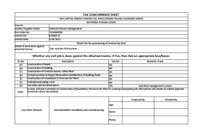 Tax Concurrence Sheet: Check List For Processing of Invoice by User | PDF