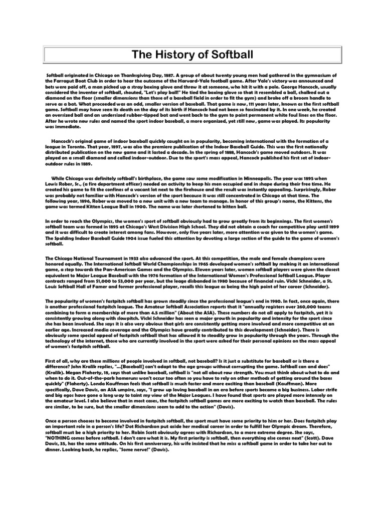 The History of Softball | PDF | Baseball Field | Softball
