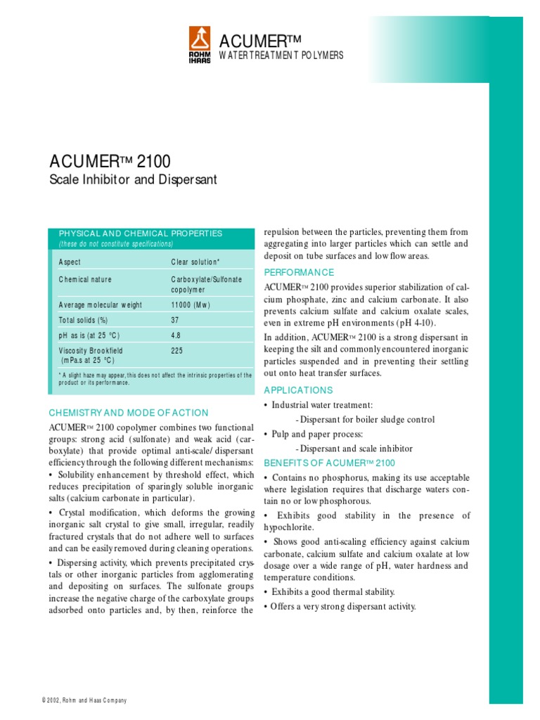 Acumer™: Scale Inhibitor and Dispersant | PDF | Solubility | Water