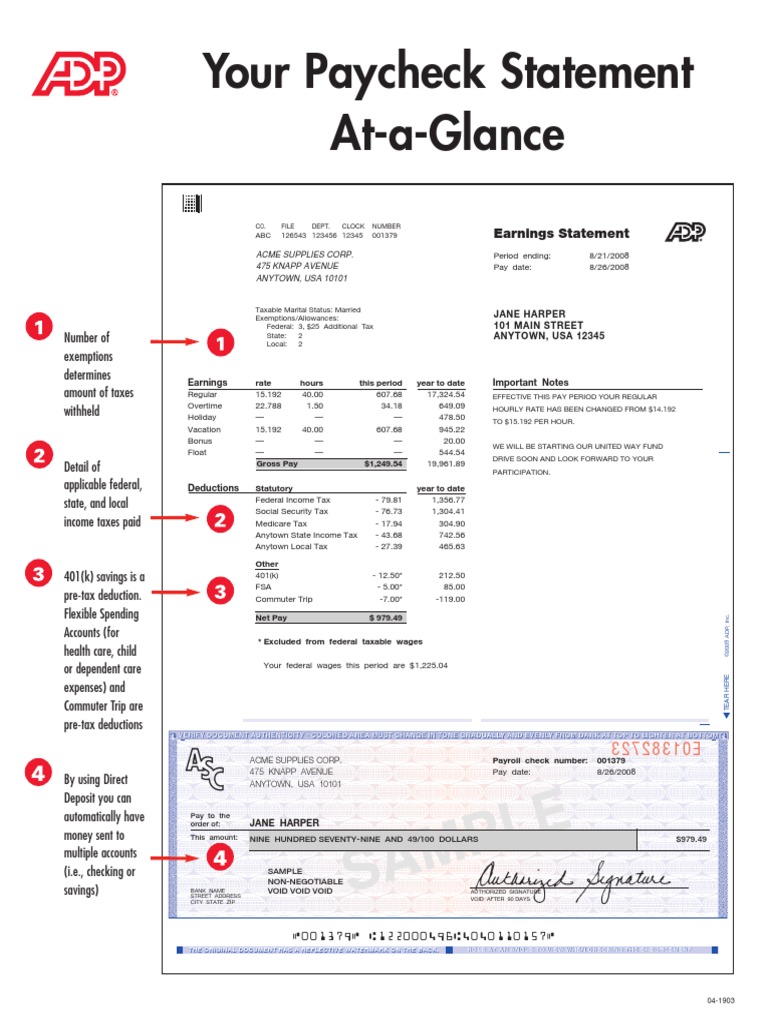 Your Paycheck Statement At-a-Glance: Sample | PDF | Payroll | 401(K)