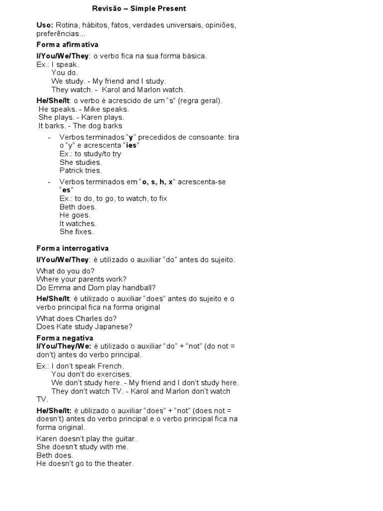 Resumo Simple Present | PDF | Artes Linguísticas e Disciplina | Estudos ...