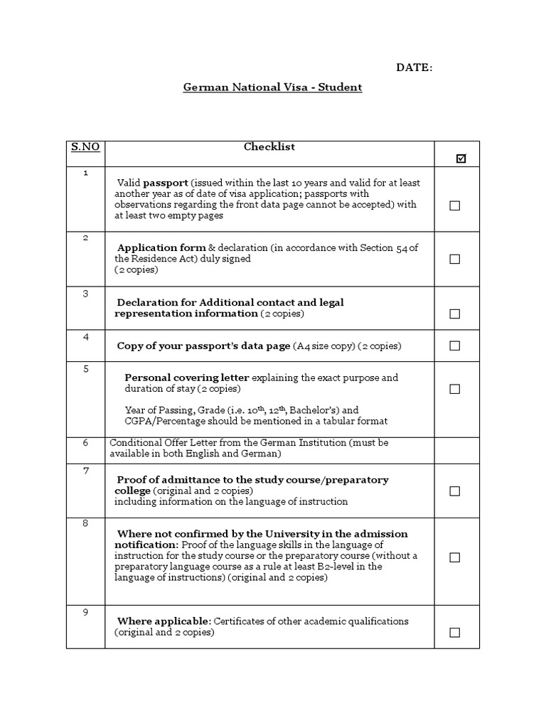 German Student Visa Application Checklist | PDF | Travel Visa