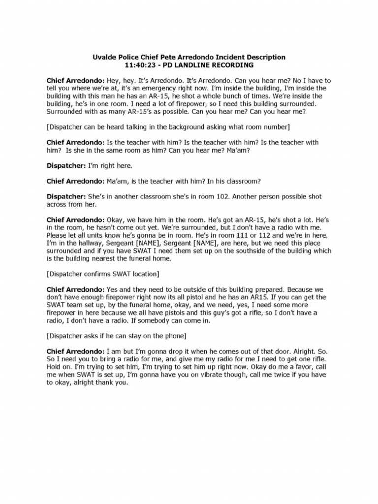 Uvalde Police Chief 911 Call Transcript | PDF