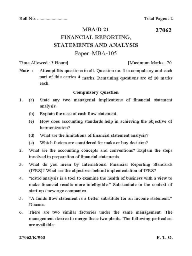 MBA/D-21 Financial Reporting, Statements and Analysis | PDF | Financial ...