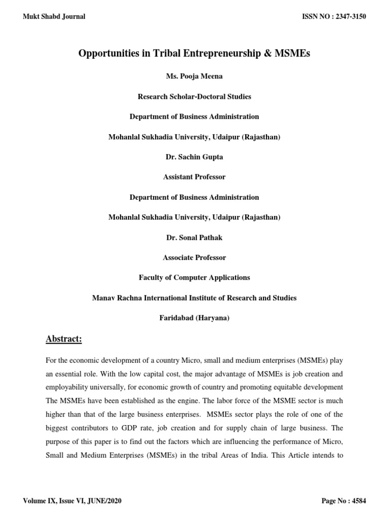 Opportunities in Tribal Entrepreneurship & Msmes: Abstract | PDF ...