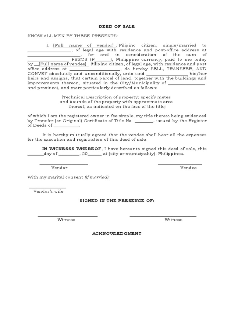 Deed of Sale Template for Land | PDF | Land Lot | Property
