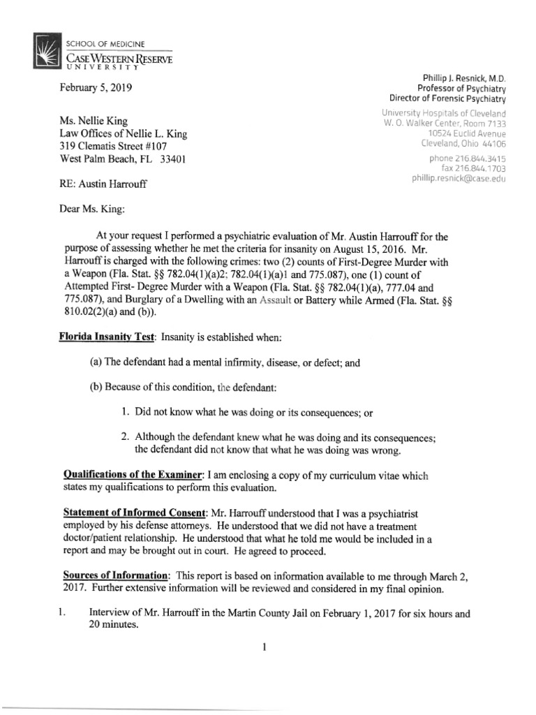 Dr. Phillip Resnick 2019 Report On Austin Harrouff | PDF