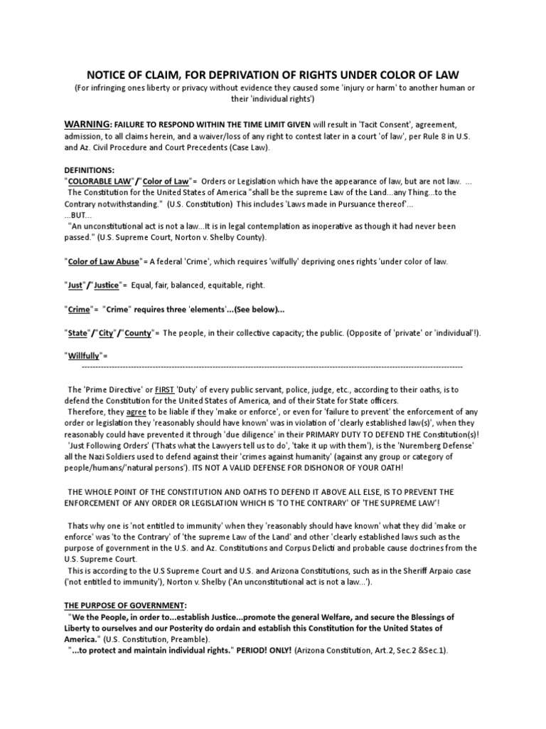 NOTICE OF CLAIM, FOR DEPRIVATION OF RIGHTS UNDER COLOR OF LAW (Copy ...
