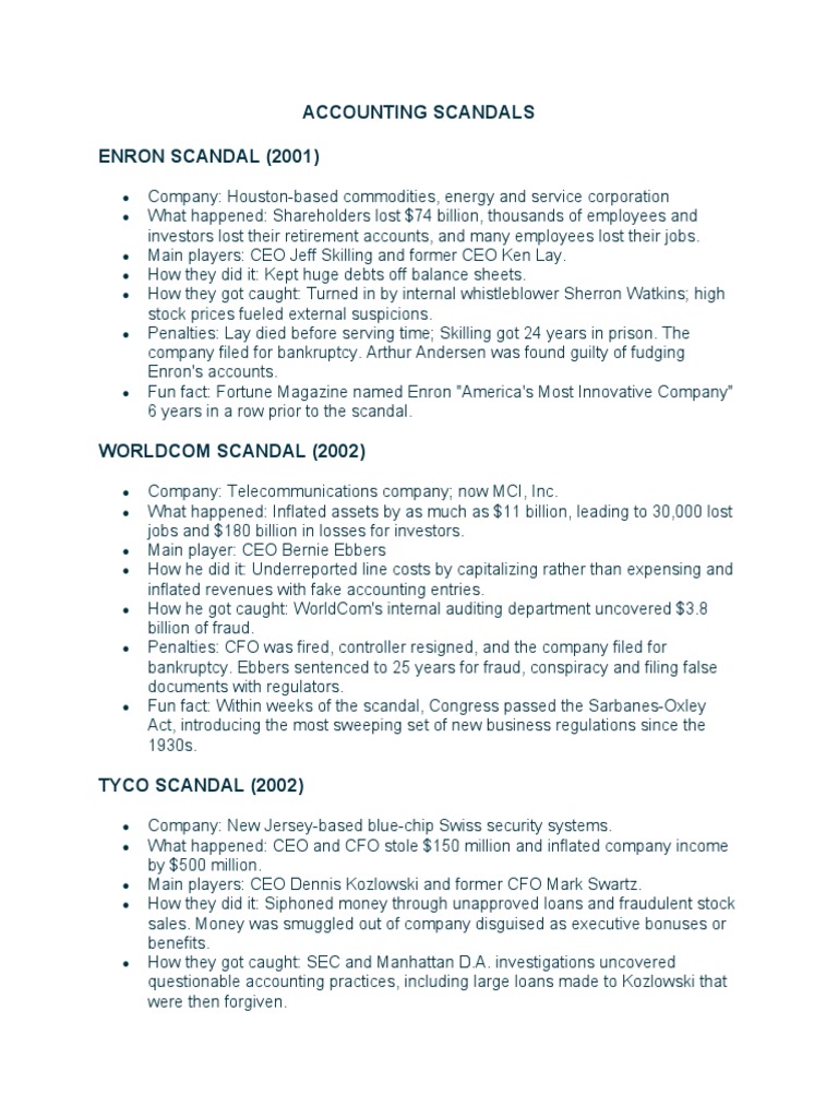 Accounting Scandals Enron Scandal (2001) | PDF | Financial Services | Corporate Law