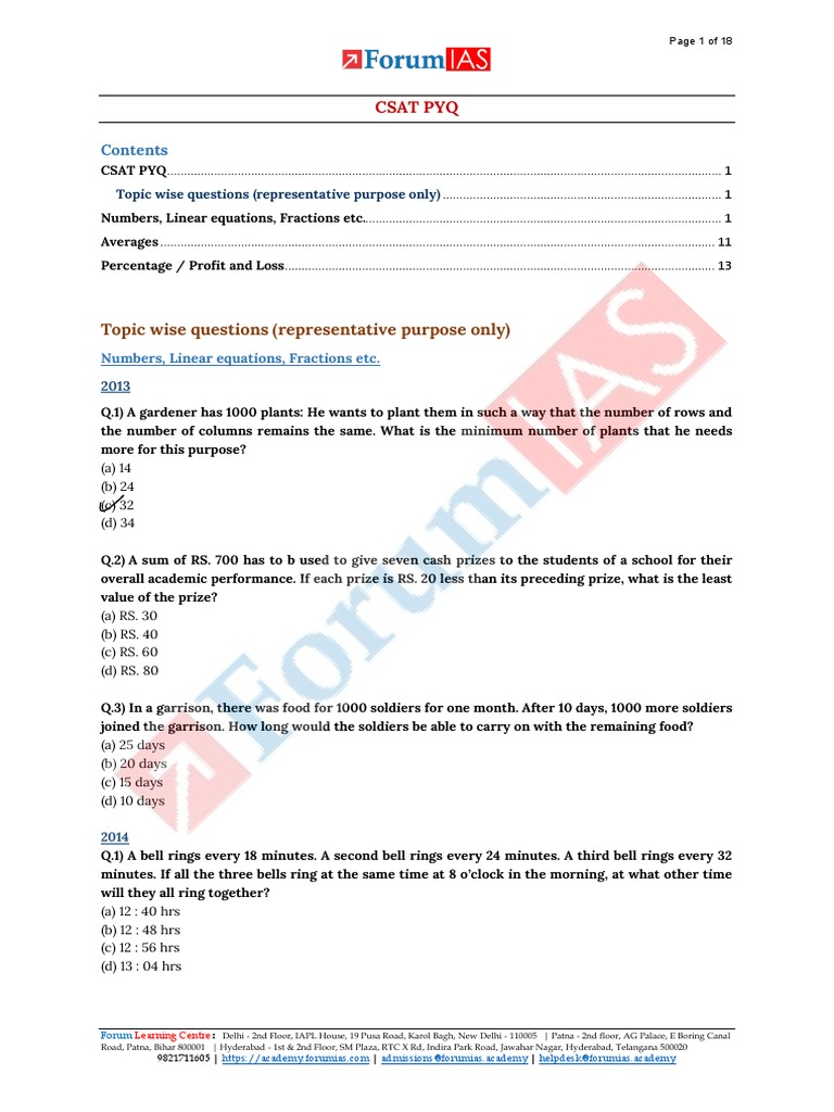 Topic Wise Questions (Representative Purpose Only) : Csat Pyq | PDF ...