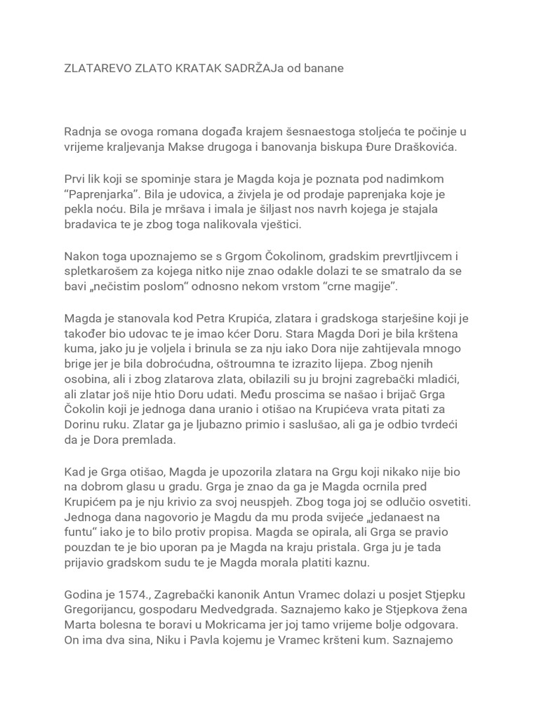 Zlatarevo Zlato Kratak Sadržaj | PDF