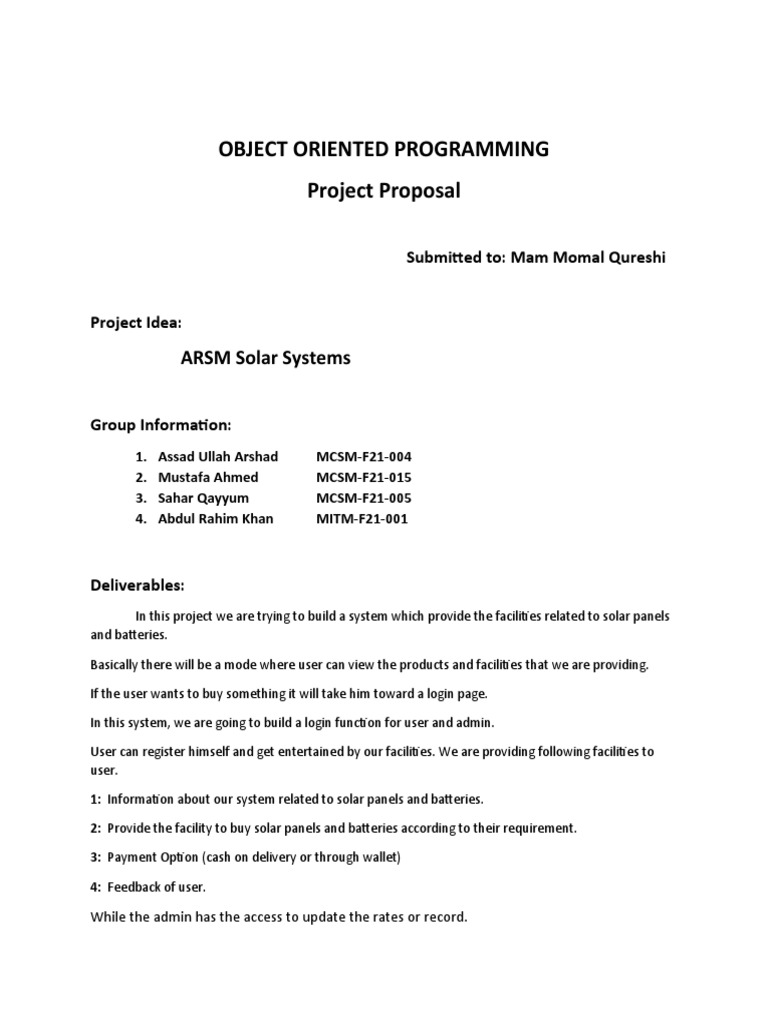 Object Oriented Programming Project Proposal Arsm Solar Systems Pdf Technology And Engineering
