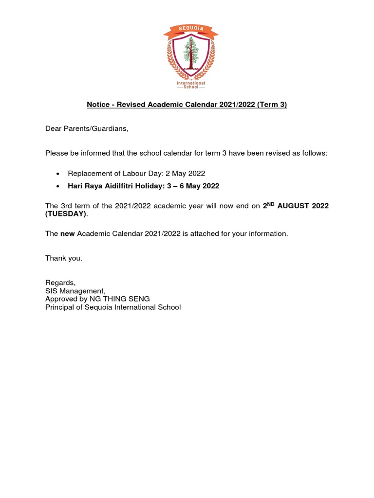 Notice - Revised Academic Calendar 2021-2022 (Term 3) | PDF | Holidays ...