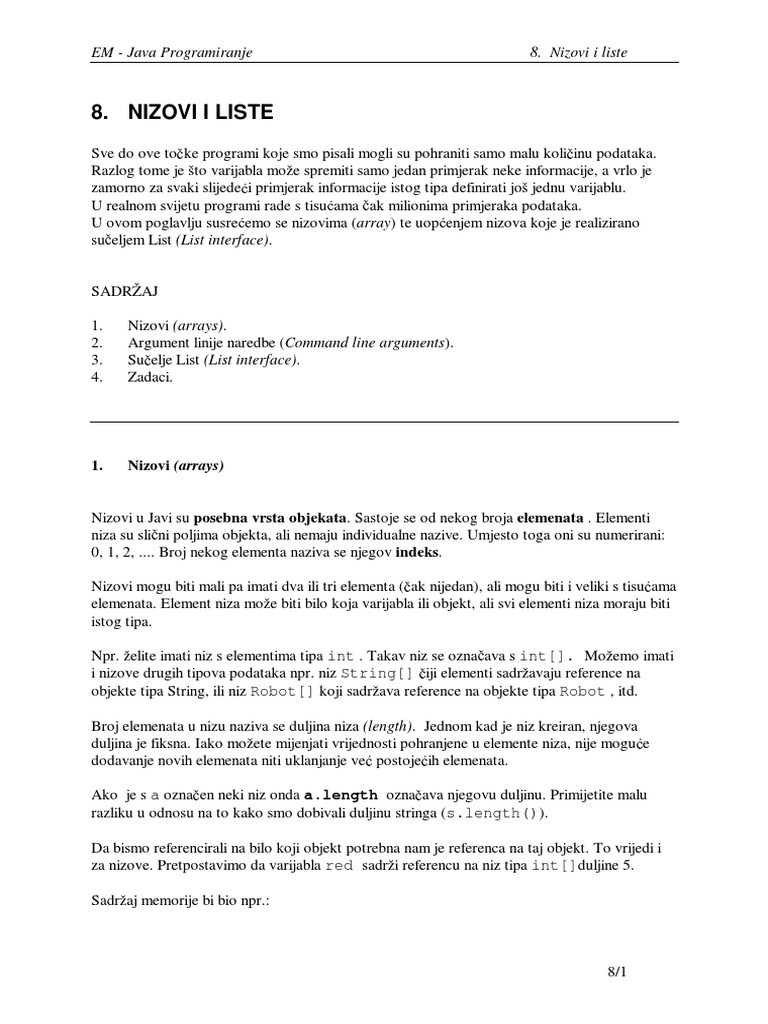 EM - Java Programiranje 8. Nizovi I Liste | PDF