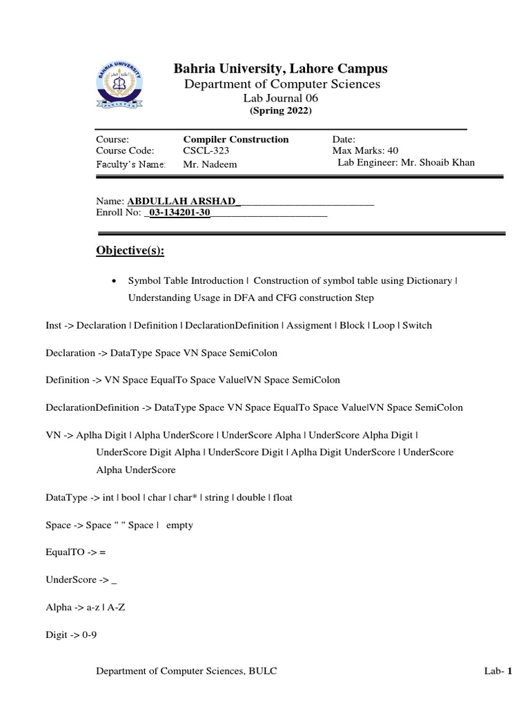 Lab-Journal Compiler Construction | PDF | Computing | Computer Programming