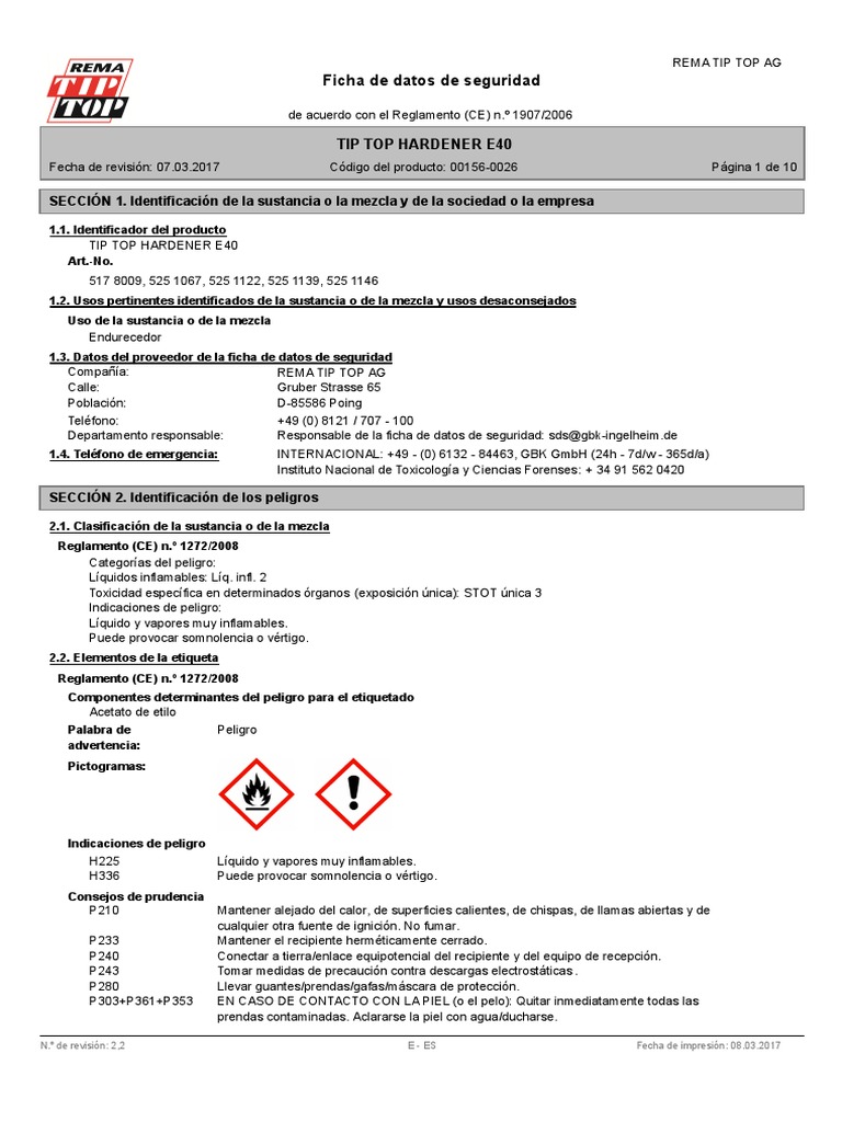 Ficha de Seguridad Tip Top Hardener E40 | PDF | Agua | Dióxido de carbono