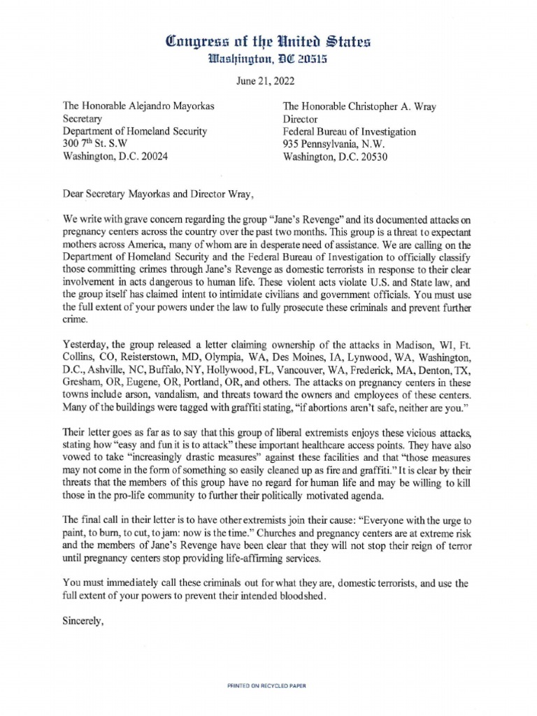 Letter Re Jane's Revenge | PDF