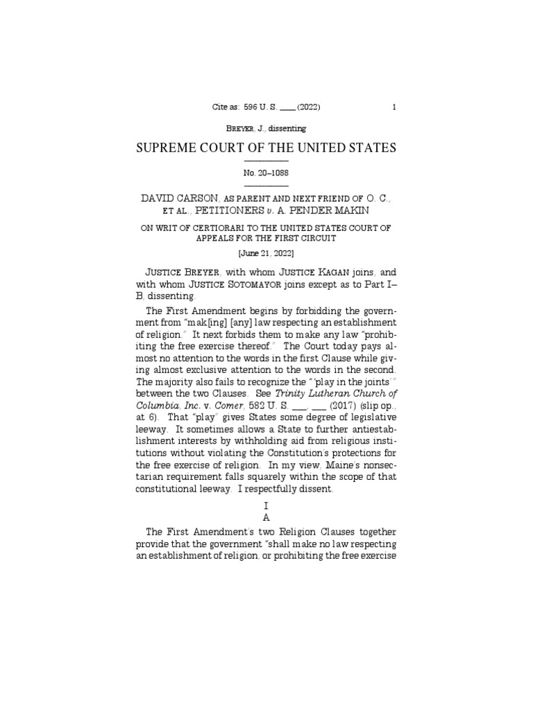 Carson vs. Makin, Dissent | PDF | Free Exercise Clause | Establishment ...