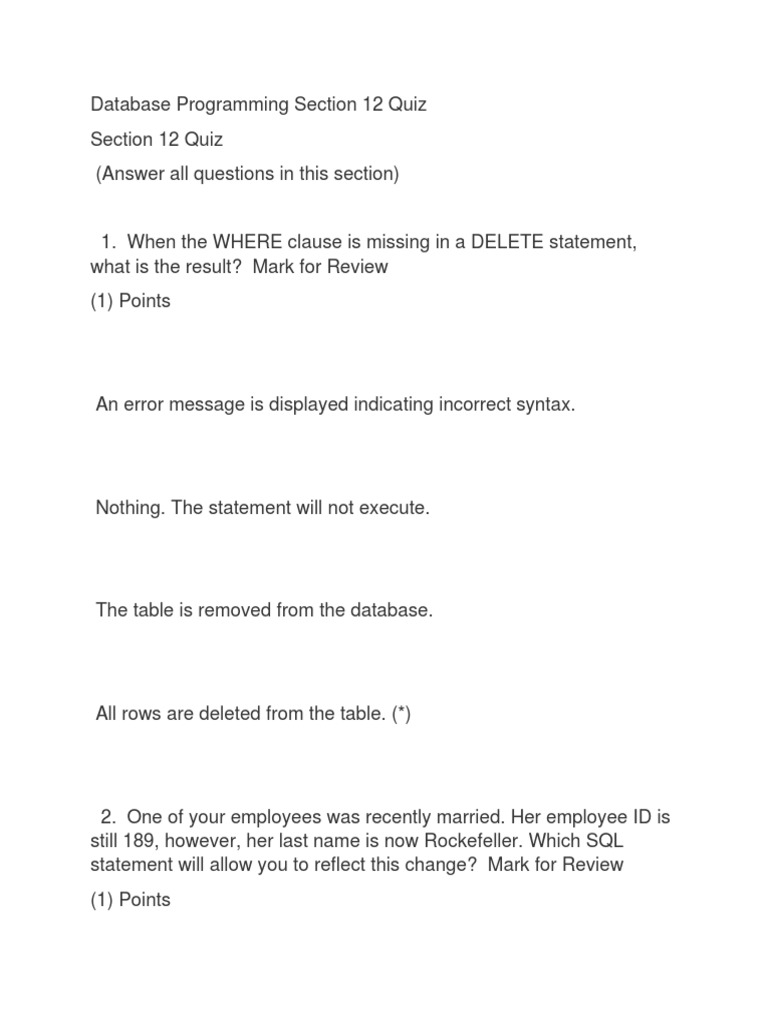 Database Programming Section 12 Quiz Pdf Computer Science Software Engineering