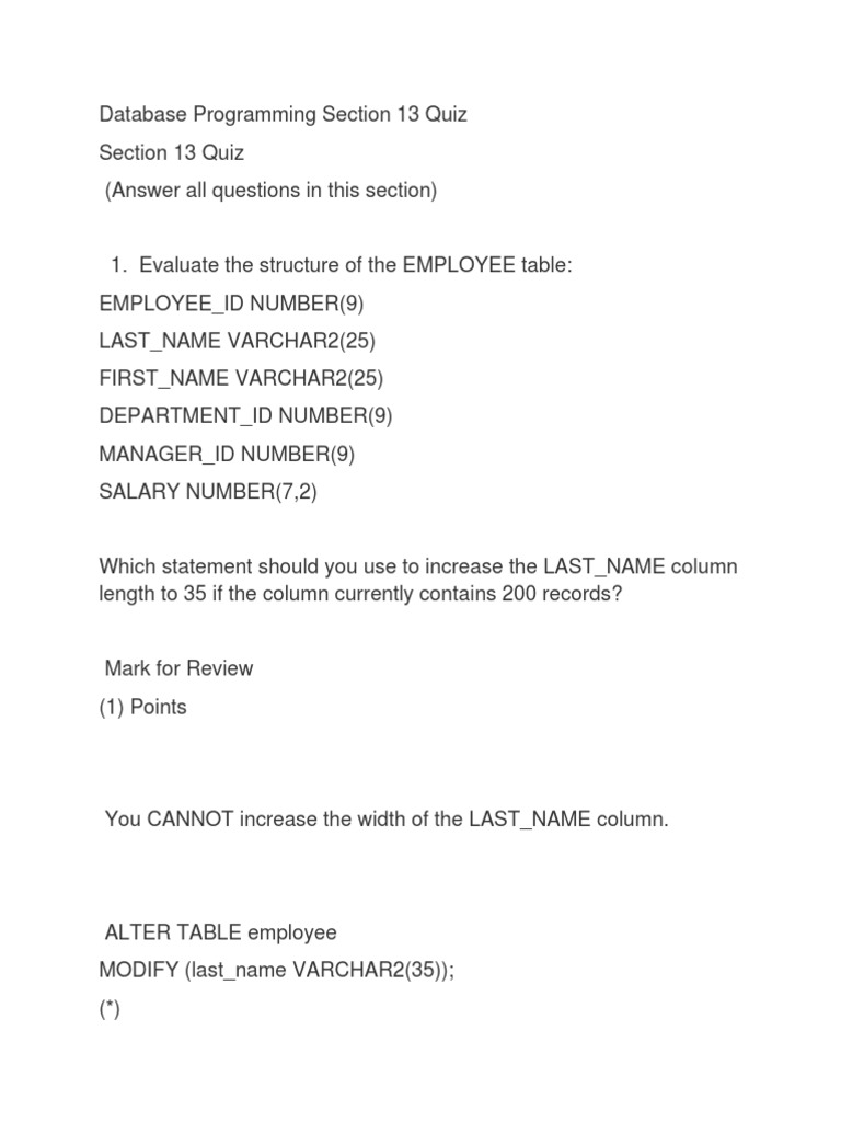 Database Programming Section 13 Quiz Pdf Software Engineering 0180