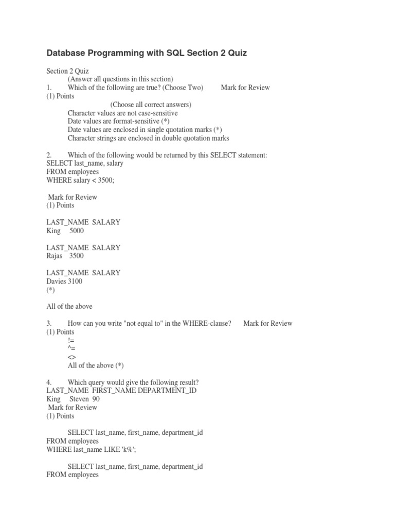 Database Programming With Sql Section 2 Quiz Pdf Computer Programming Computing 3929