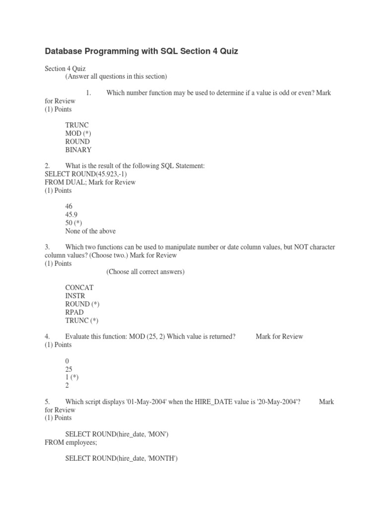 Database Programming With Sql Section 4 Quiz Pdf Computer Data Databases
