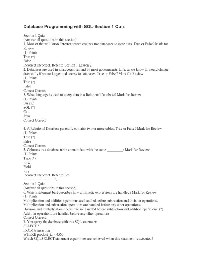 Database Programming With Sql Section 1 Quiz 1 Pdf Relational Model Databases 6755