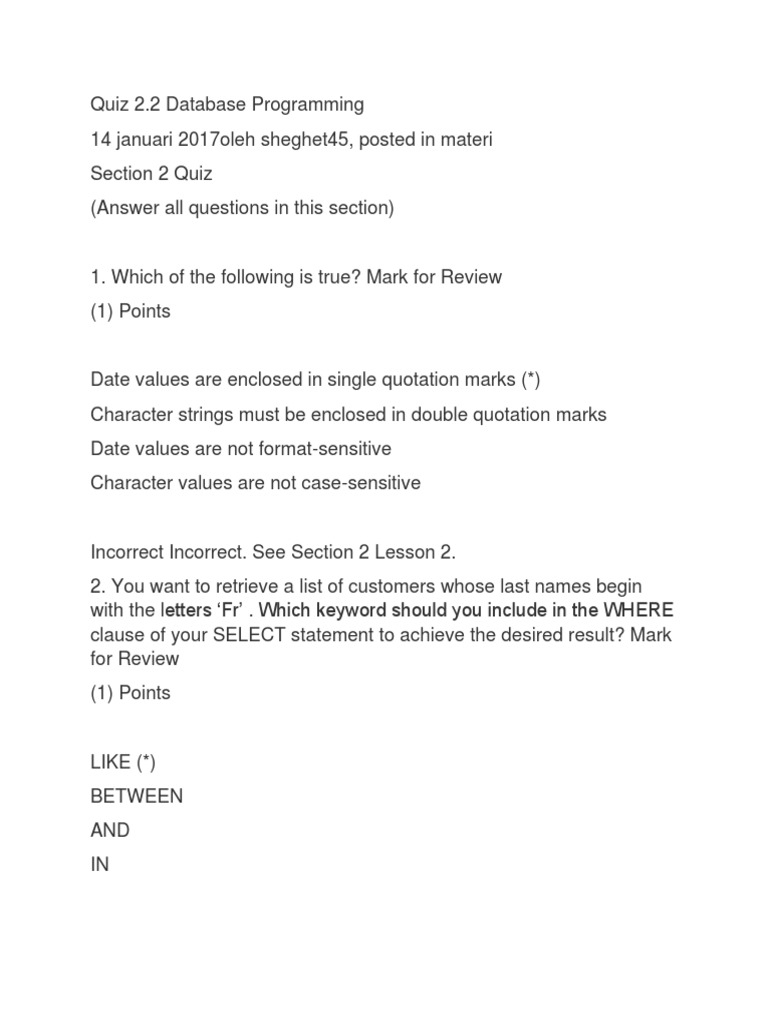 Quiz 2 2 Database Programming Pdf Data Management Software Computer Programming