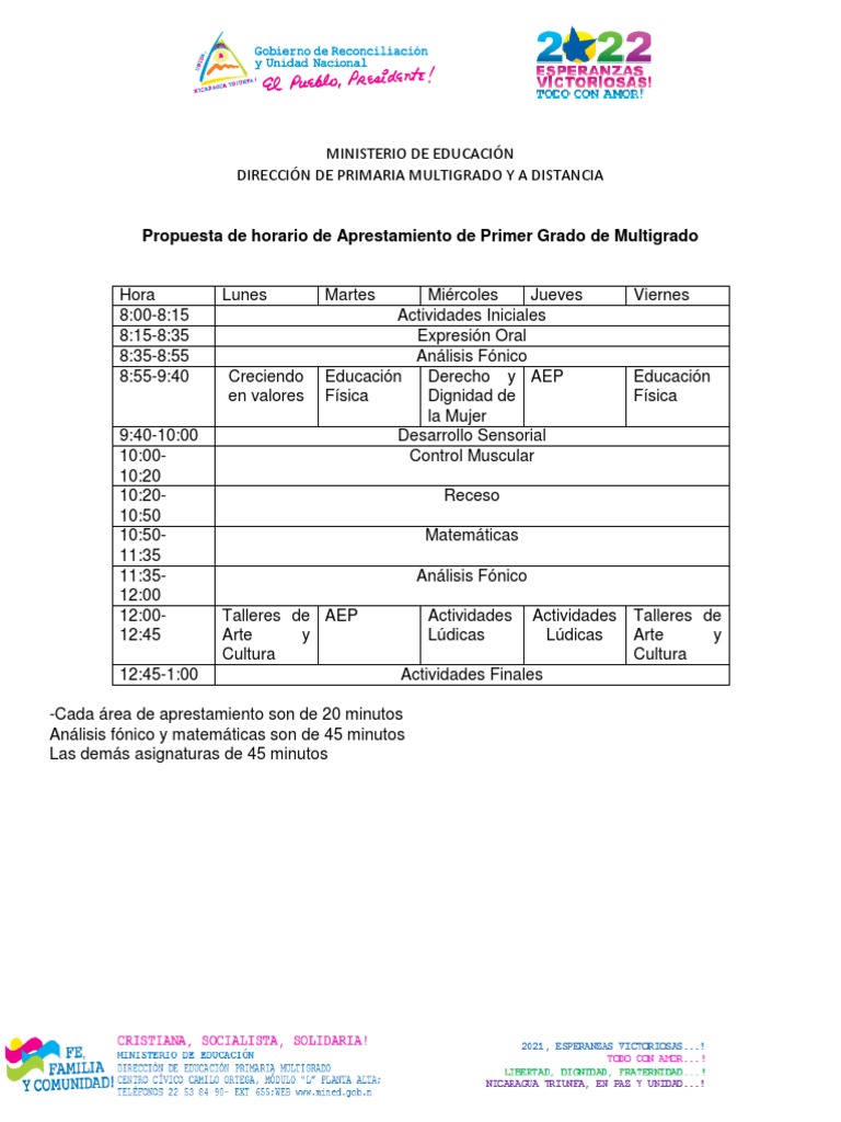 Propuesta de horario escolar para el primer grado de educación primaria ...