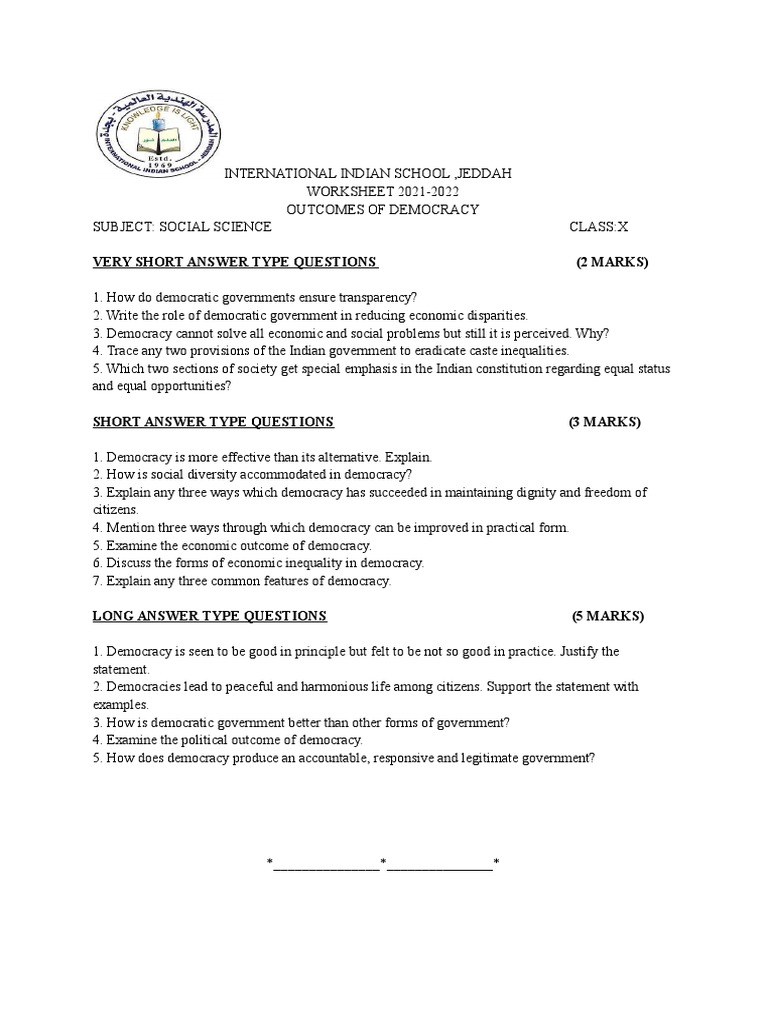 xOUTCOMES OF DEMOCRACY WORKSHEET | PDF