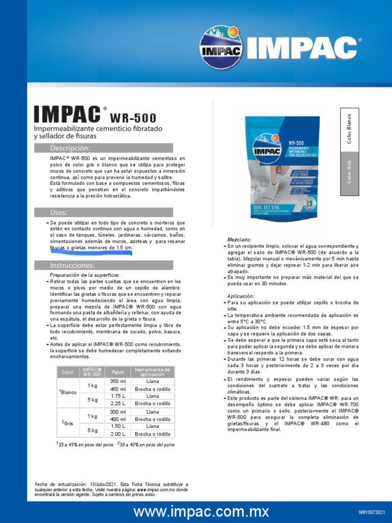 Impac WR 500 | PDF | Hormigón | Agua