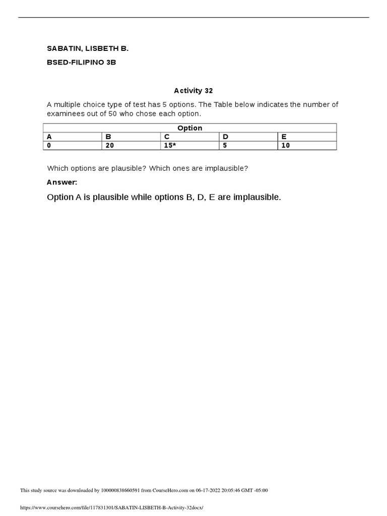 Option A Is Plausible While Options B, D, E Are Implausible | PDF