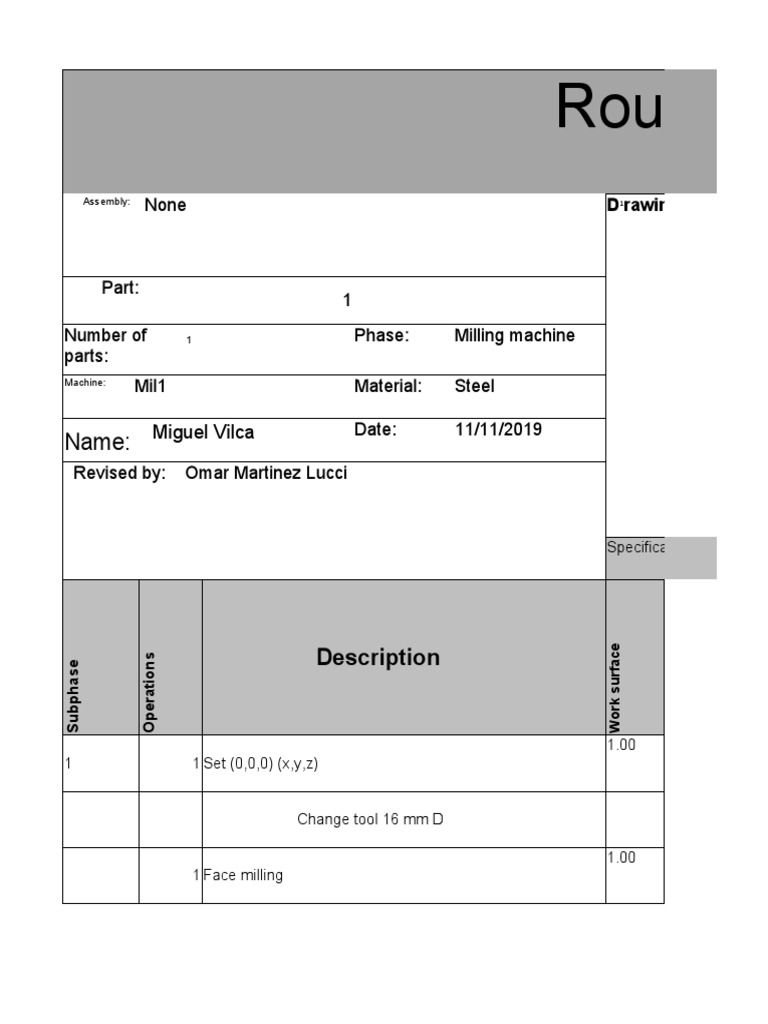 Route Sheet Milling Machine | PDF | Drilling | Procedural Knowledge