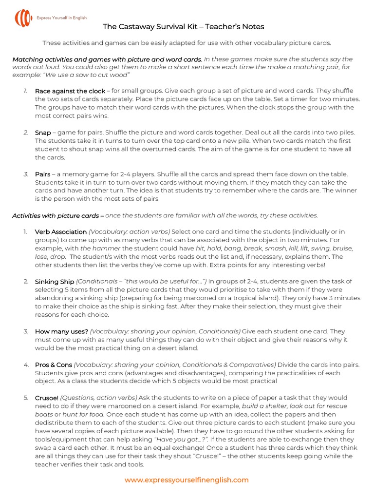 The Castaway Survival Kit - Teacher's Notes | PDF | Linguistics | Cognition