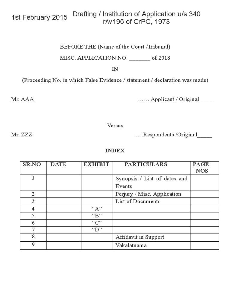 Drafting - Institution of Application U - S 340 R - w195 of CRPC, 1973 ...