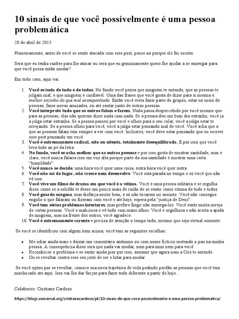 10 Sinais de Que Você Possivelmente É Uma Pessoa Problemática | PDF
