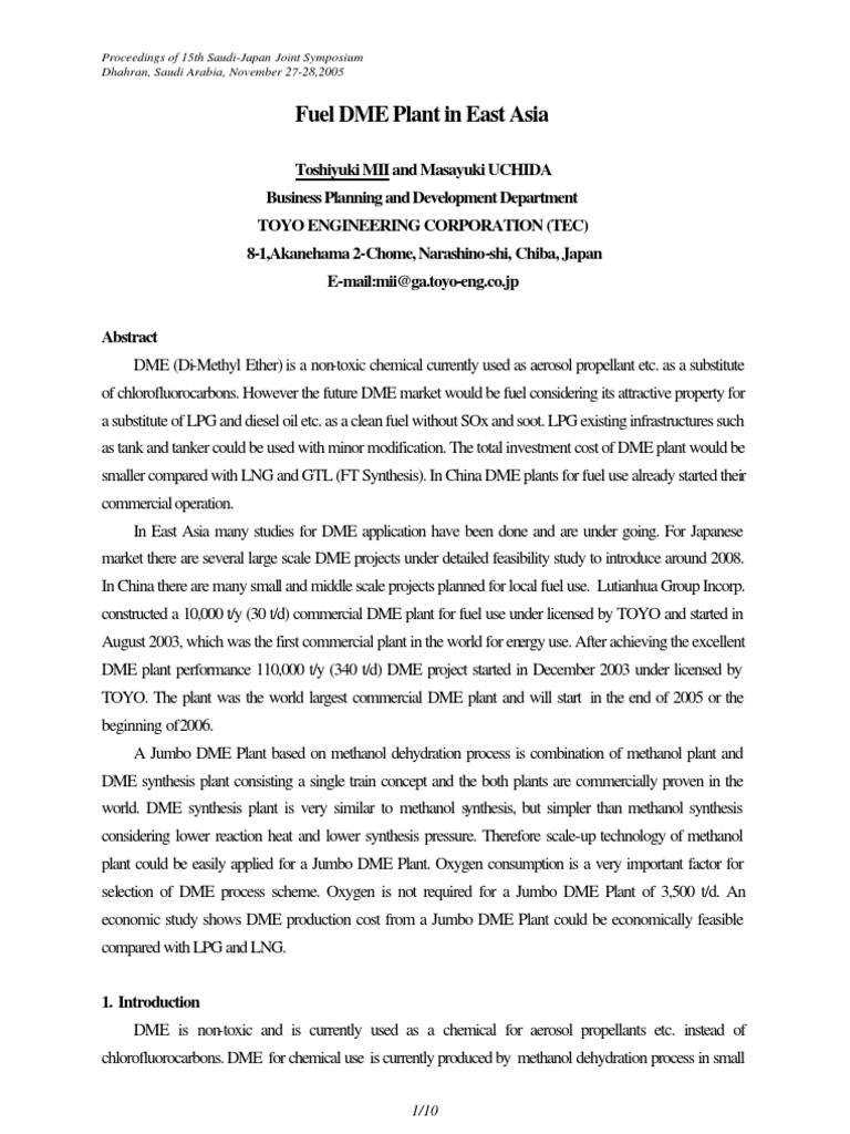 Fuel DME Plant in East Asia | PDF | Liquefied Petroleum Gas | Methanol