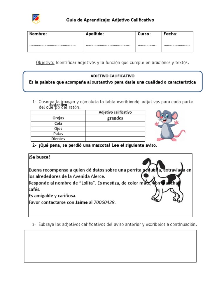 Guía de Adjetivos Calificativos para Niños | PDF | Hogar, jardinería y ...